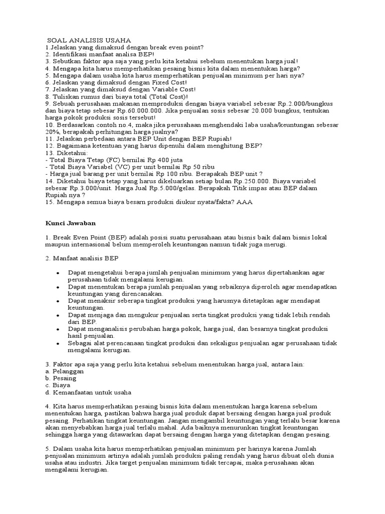 Soal Analisis Usaha | PDF | Pengelolaan Keuangan & Uang | Hukum