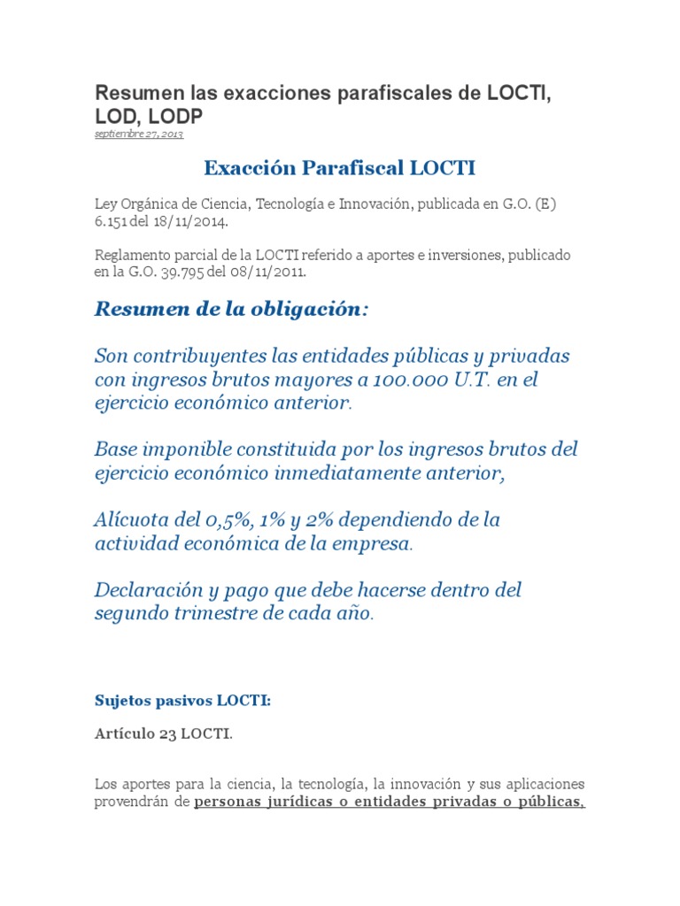 Resumen de las exacciones parafiscales de LOCTI, FONA y su regulación ...