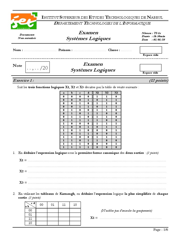 Examen Systèmes Logiques ISET (2017-2018) | PDF