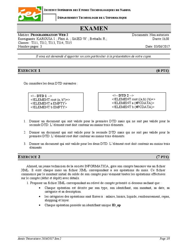 Examen - Programmation Web - 2 - 2017 | PDF | XML | Programmation web