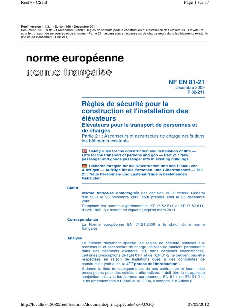 NF en 81-21 | PDF | Ascenseur | Sécurité