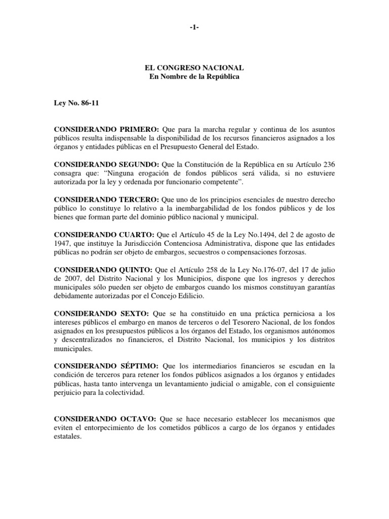 Ley 86-11 de Inembargabilidad de Los Fondos Públicos | PDF | Gobierno ...