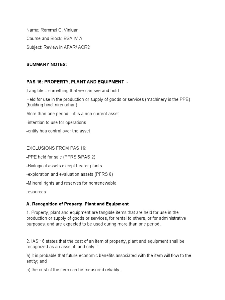 Summary Notes - Ppe | PDF | Cost | Fixed Asset