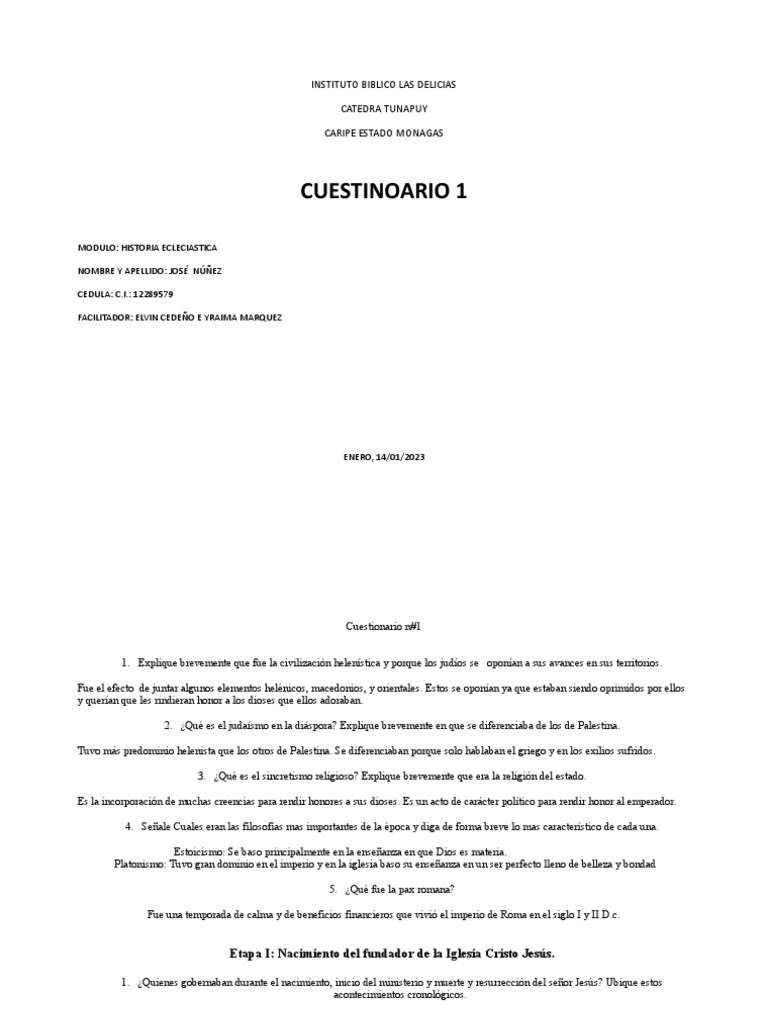 Cuestionario Jose | PDF | Iglesia Católica | Jesús