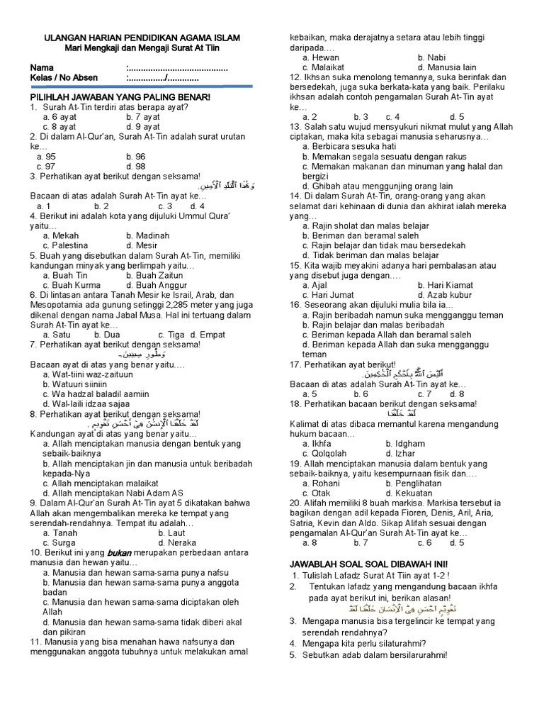 Soal Pai Kelas 4 at Tiin | PDF
