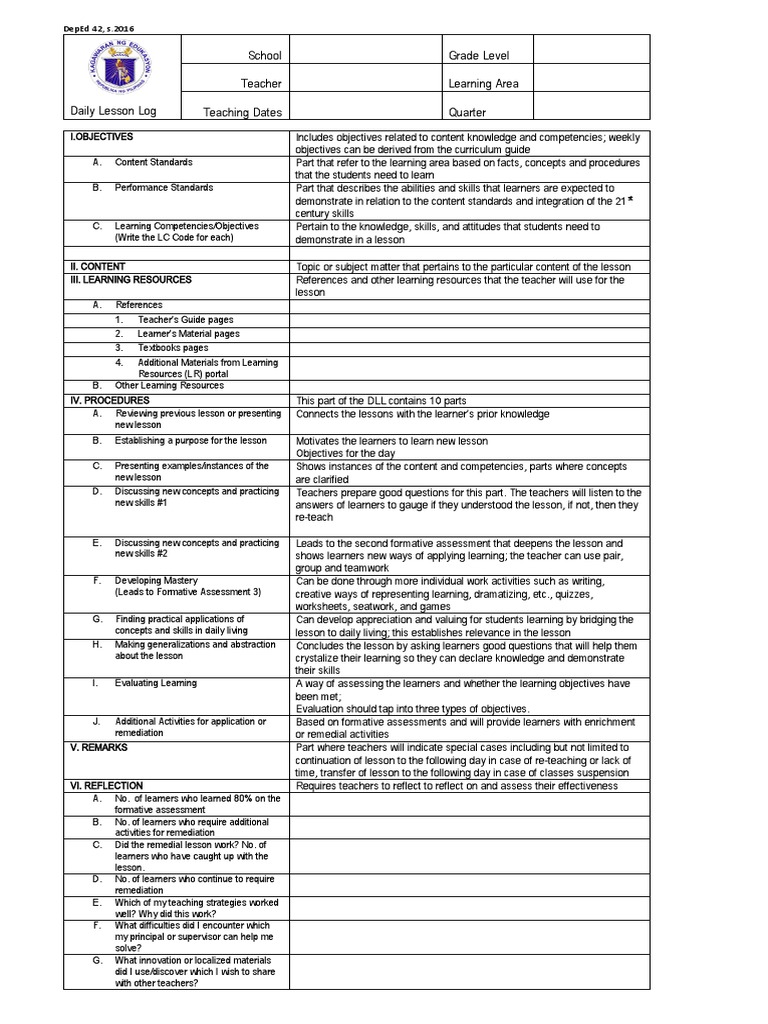 Daily Lesson Log Explanation | PDF | Learning | Teachers