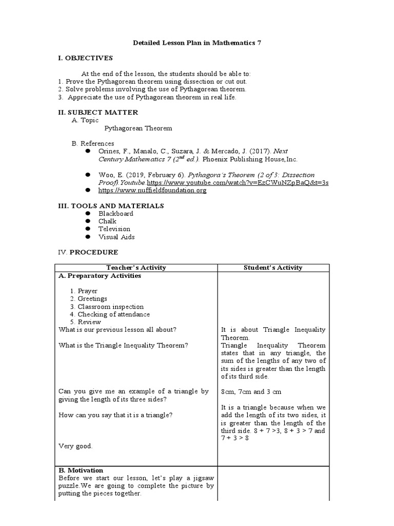 Pythagorean Theorem Lesson Plan | PDF | Triangle | Mathematics