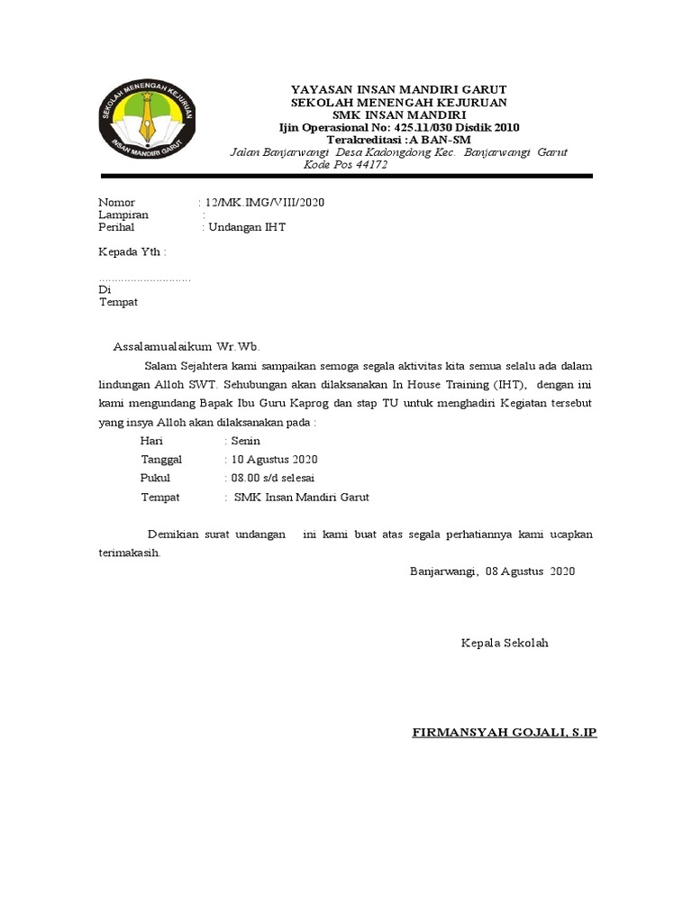 Undangan In House Training SMK | PDF