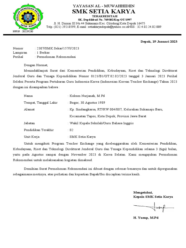 Surat Permohonan Rekomendasi | PDF