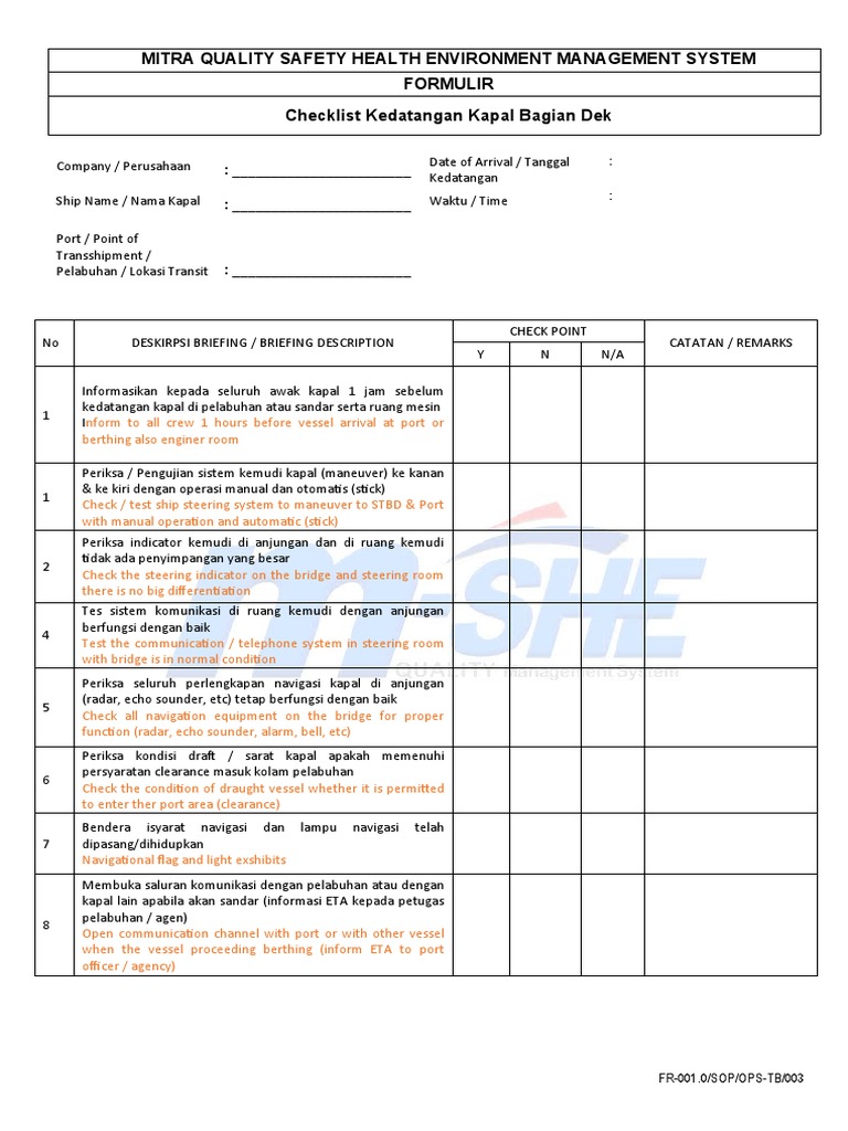 FR-001.0-SOP-OPS-TB-003 Checklist Kedatangan Kapal Bagian Dek-1 | PDF
