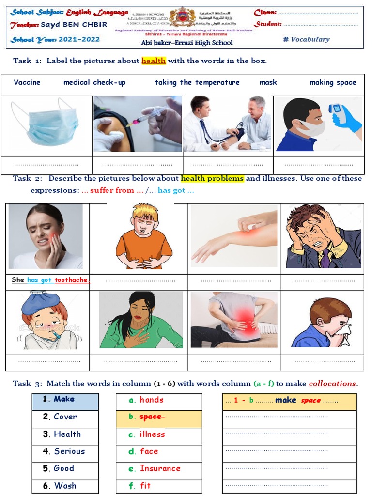 Health Vocabulary Exercises and Tasks | PDF | Adjective | Health Care