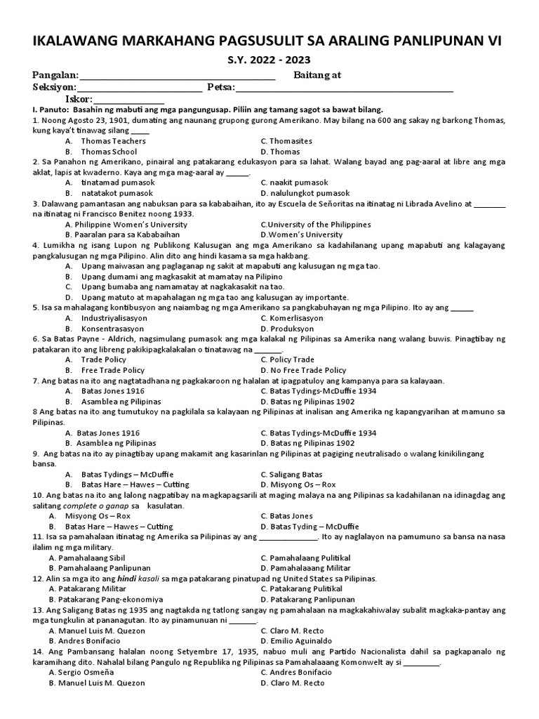 Ikalawang Markahang Pagsusulit Sa Araling Panlipunan Vi | PDF