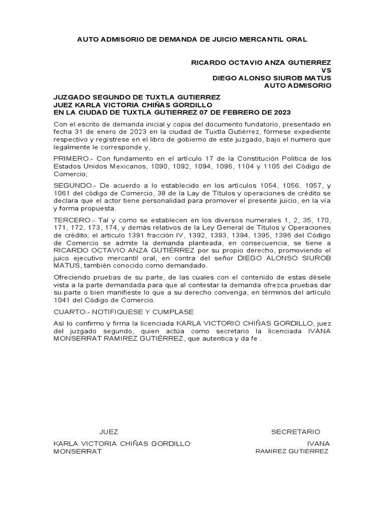 Auto Admisorio de Demanda de Juicio Mercantil Oral | PDF
