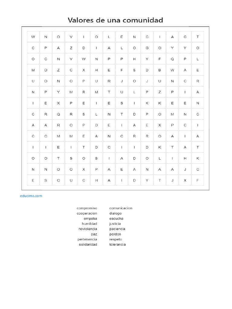 Sopa de Letras Valores Comunitarios | PDF