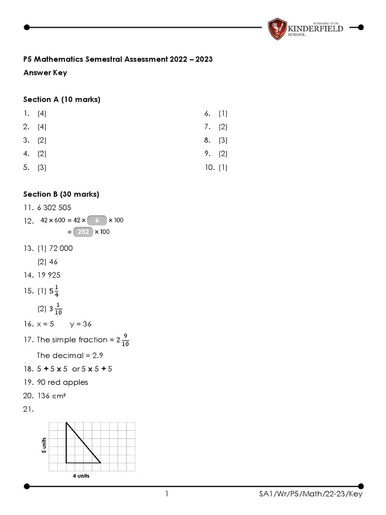P5 Mathematics Assessment Answer Key | PDF | Teaching Methods & Materials