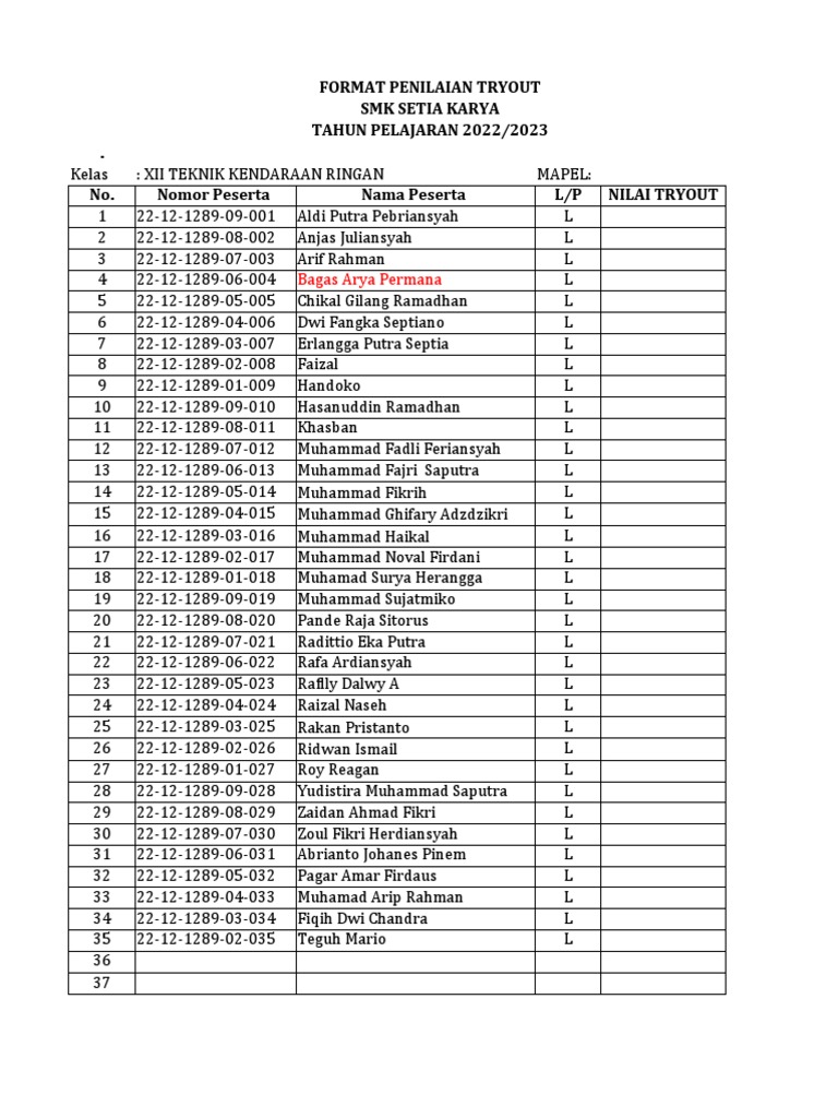 Format Nilai Tryout | PDF
