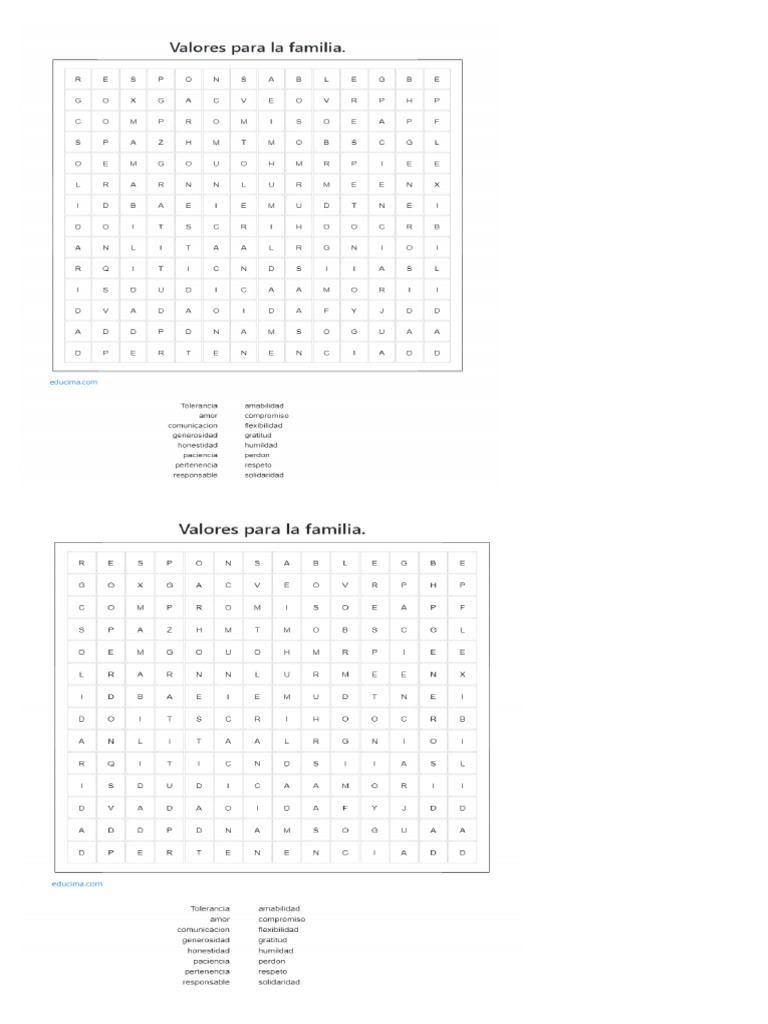 Sopa de Letras Valores de La Familia. | PDF