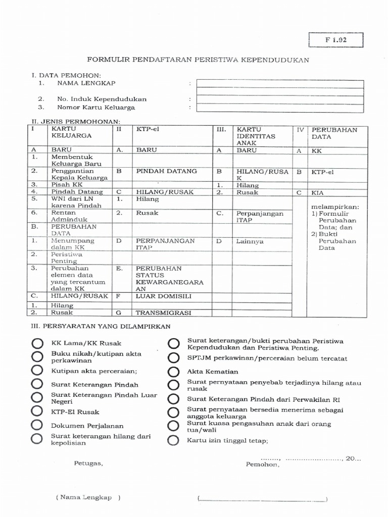 F1.02 Formulir Pendaftaran Peristiwa Kependudukan | PDF