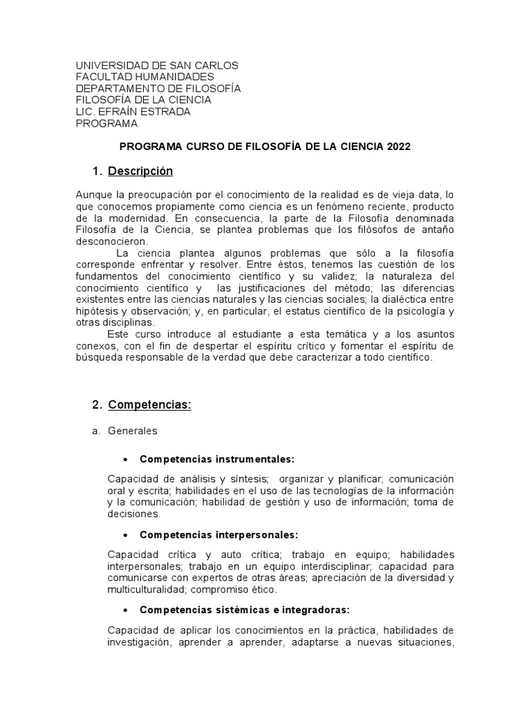 PROGRAMA FILOSOFIA DE LA CIENCIA 2022 Usac | PDF | Science | Método ...