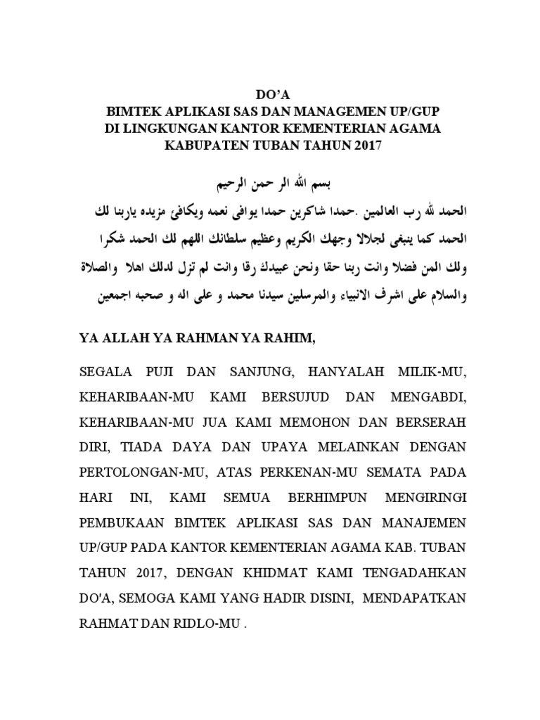 Doa Pembukaan Bimtek Kemenag Tuban | PDF