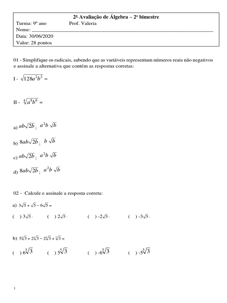 Álgebra 9º Ano | PDF | Métodos e Materiais de Ensino | Ciências e Matemática