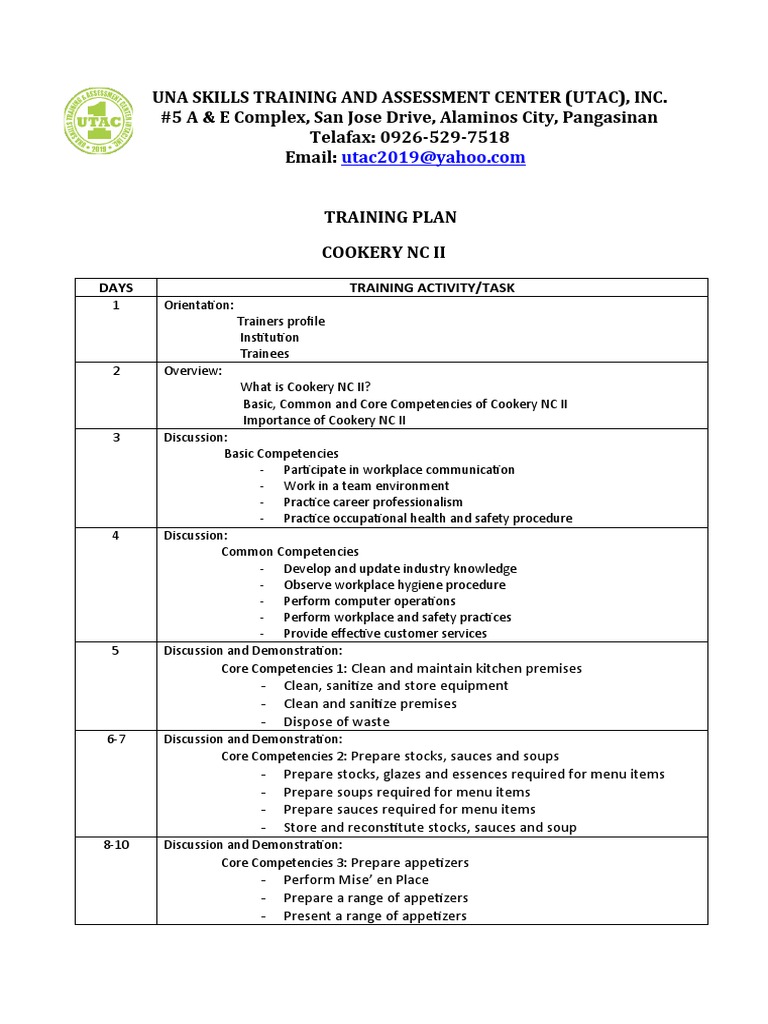 Training Plan in Cookery | PDF | Restaurants | Desserts