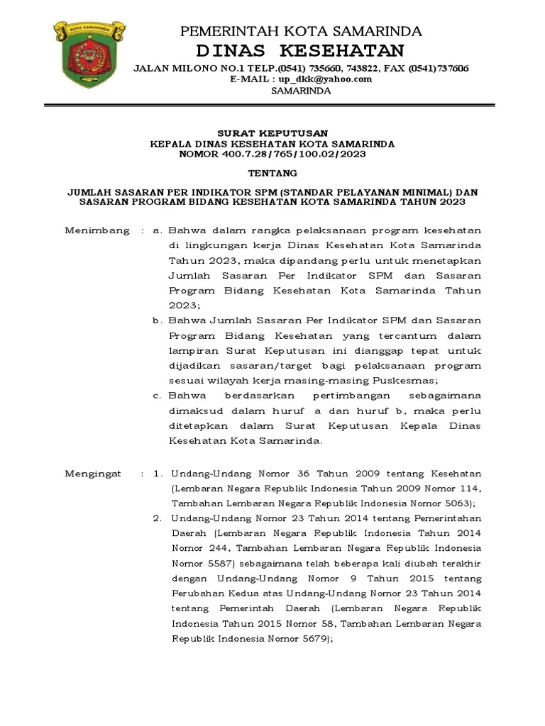 SK Sasaran SPM & Program Kesehatan Tahun 2023 | PDF