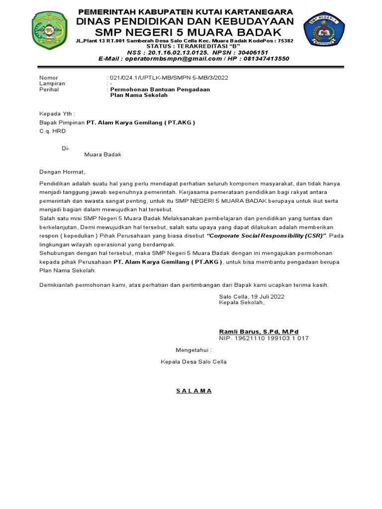 Permohonan Bantuan Plan Nama Sekolah Ke PT - AKG - 2022 | PDF