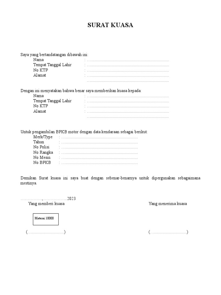 Contoh Surat Kuasa Pengambilan BPKB | PDF