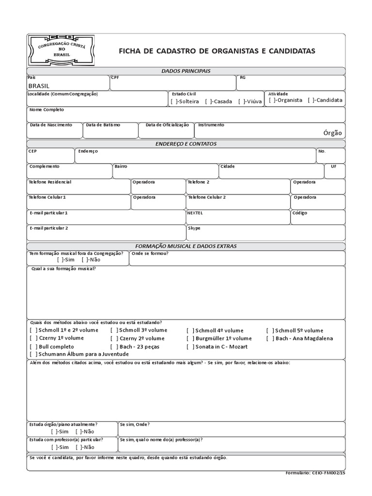2019 - Novo Modelo - Ficha de Cadastro para Organistas e Candidatas | PDF