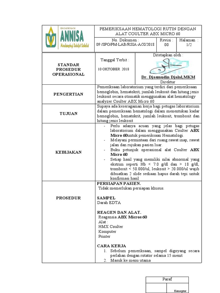 SPO HEMATOLOGI RUTIN DG ABX Oke | PDF | Teknologi & Rekayasa