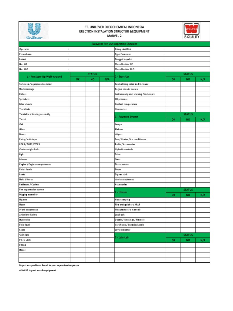 Excavator Pre-Use Inspection Checklist for PT. Unilever Oleochemical ...