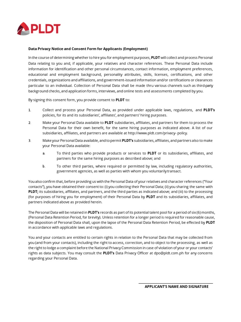 2021 PLDT Data Privacy and Consent Form AFE v2 | PDF | Privacy ...