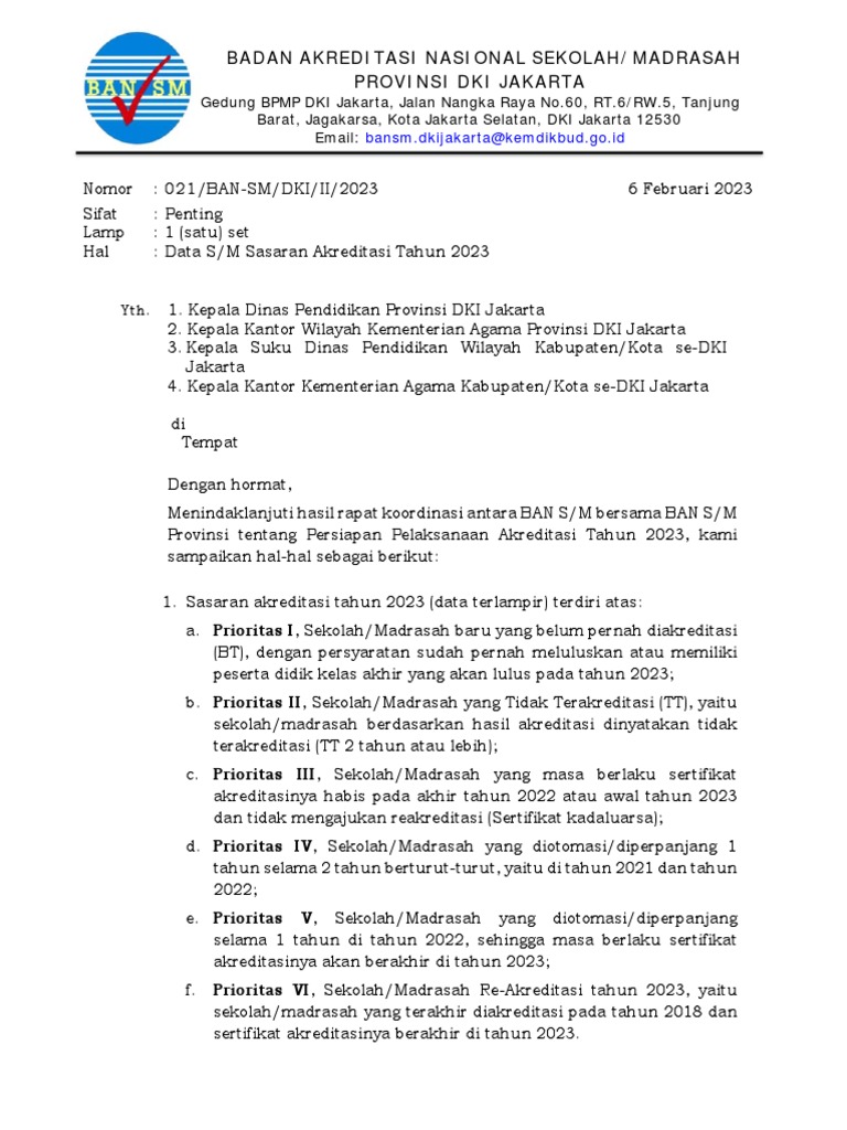 021 - Surat Data SM DKI Sasaran Akreditasi 2023 | PDF
