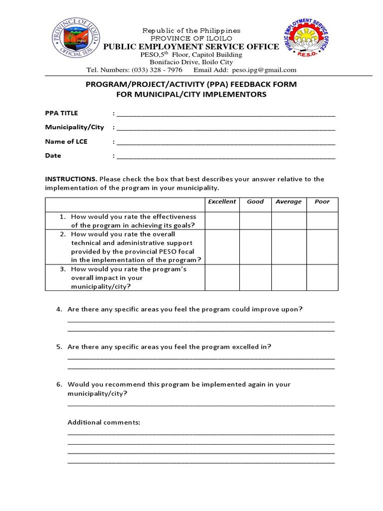 PESO PPA Feedback Form | PDF