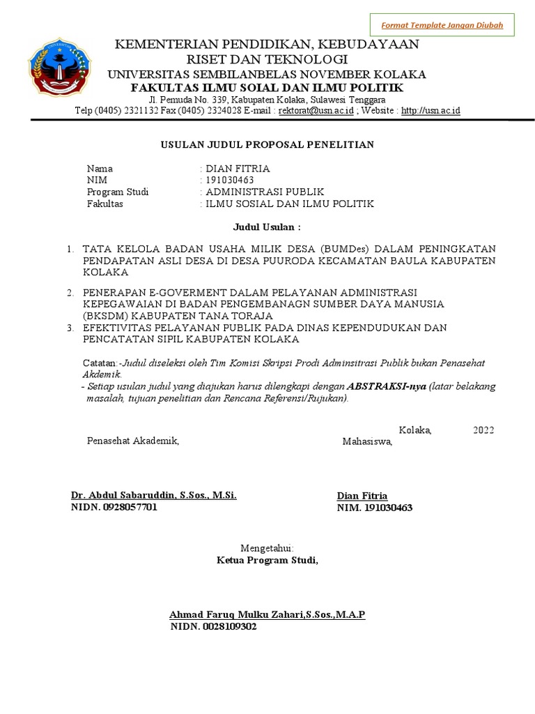 Template Pengajuan Judul Proposal Prodi AP | PDF