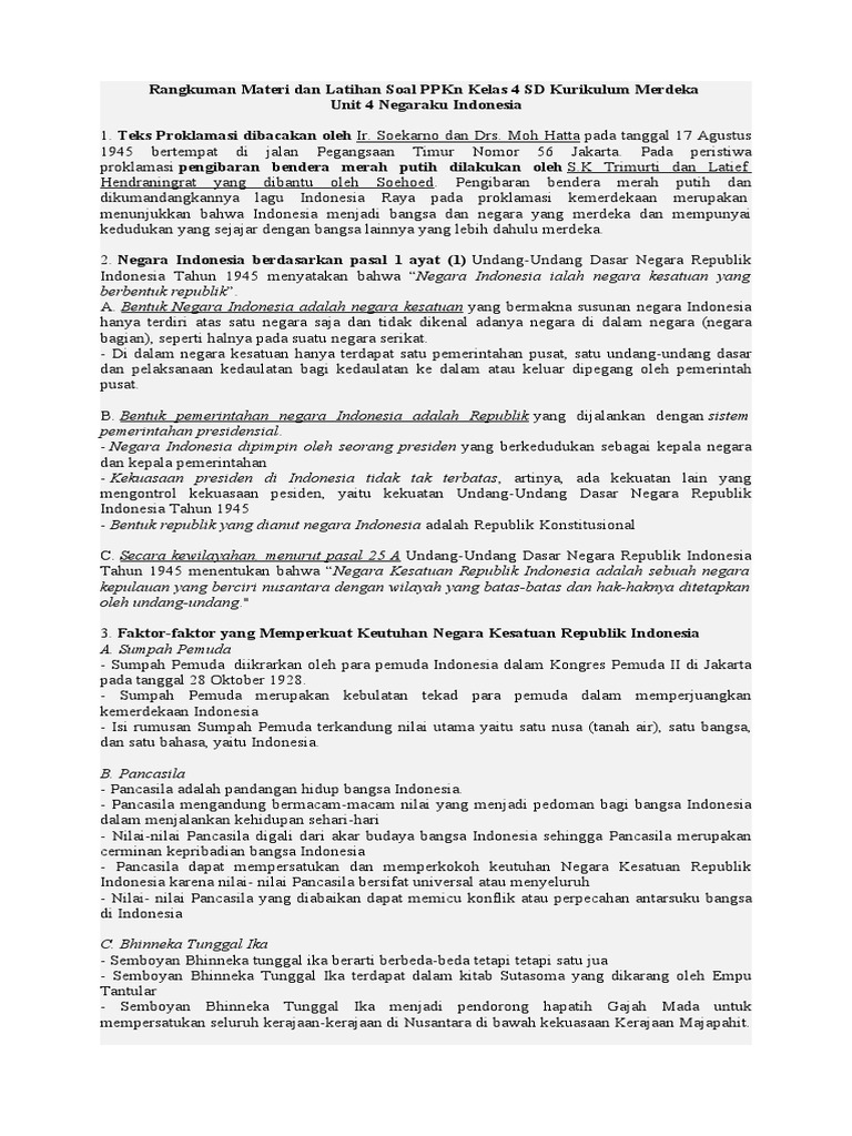 Rangkuman Materi Dan Latihan Soal PPKN Kelas 4 SD Kurikulum Merdeka ...