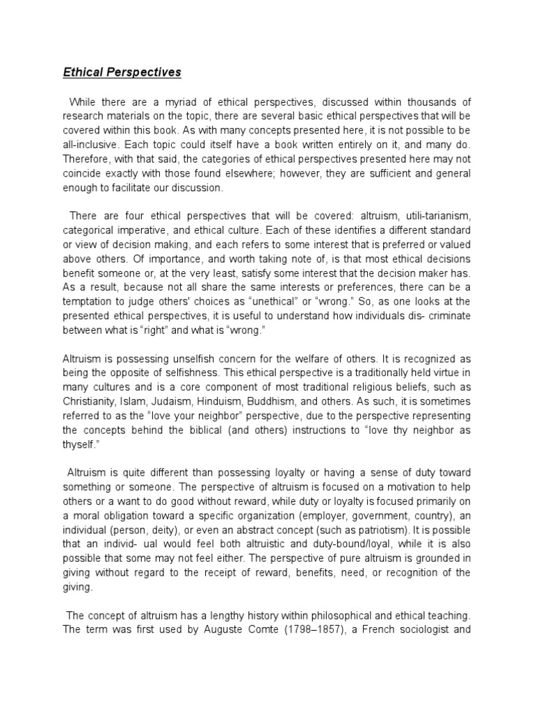 An Overview of Four Major Ethical Perspectives: Altruism ...