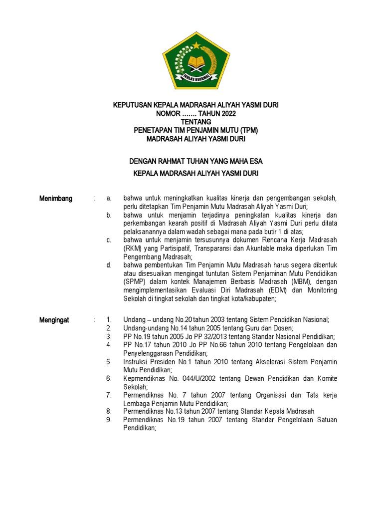 Contoh Format SK Tim Penjaminan Mutu Madrasah | PDF