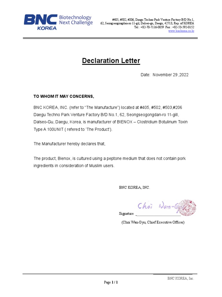 Declartion Letter of BIENOX | PDF