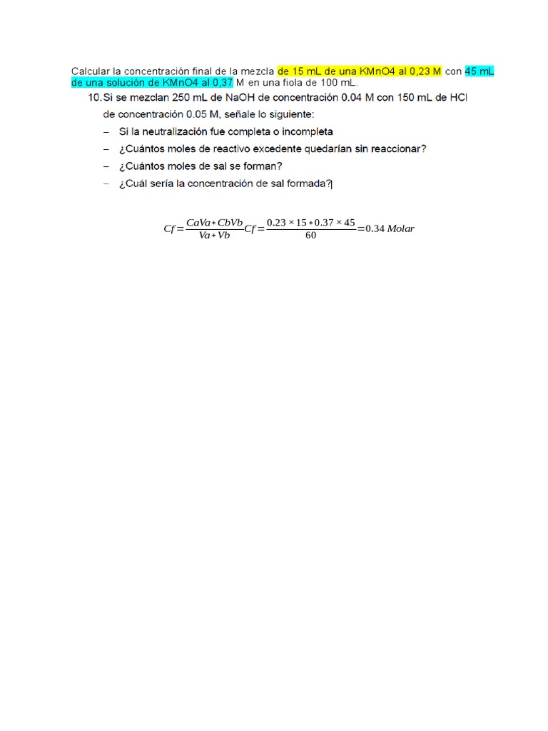 Calcular La Concentración Final de La Mezcla de 15 ML de Una KMnO4 Al 0 ...