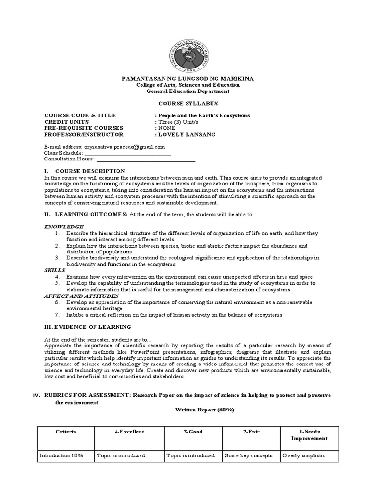 Course Syllabus - People and The Earth's Ecosystem - GED 172 | PDF ...