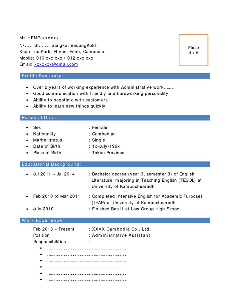 Cambodian Administrative Resume | PDF | Communication