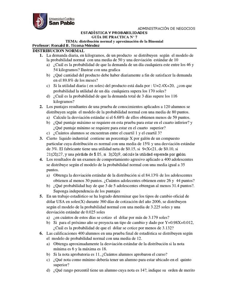 2021-1 Guia 7 - Estad y Prob - Distrib Normal | PDF | Desviación Estándar | Probabilidad
