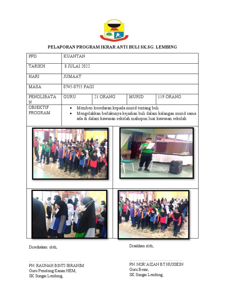 Pelaporan Program Ikrar Anti Buli SK (Julai) | PDF