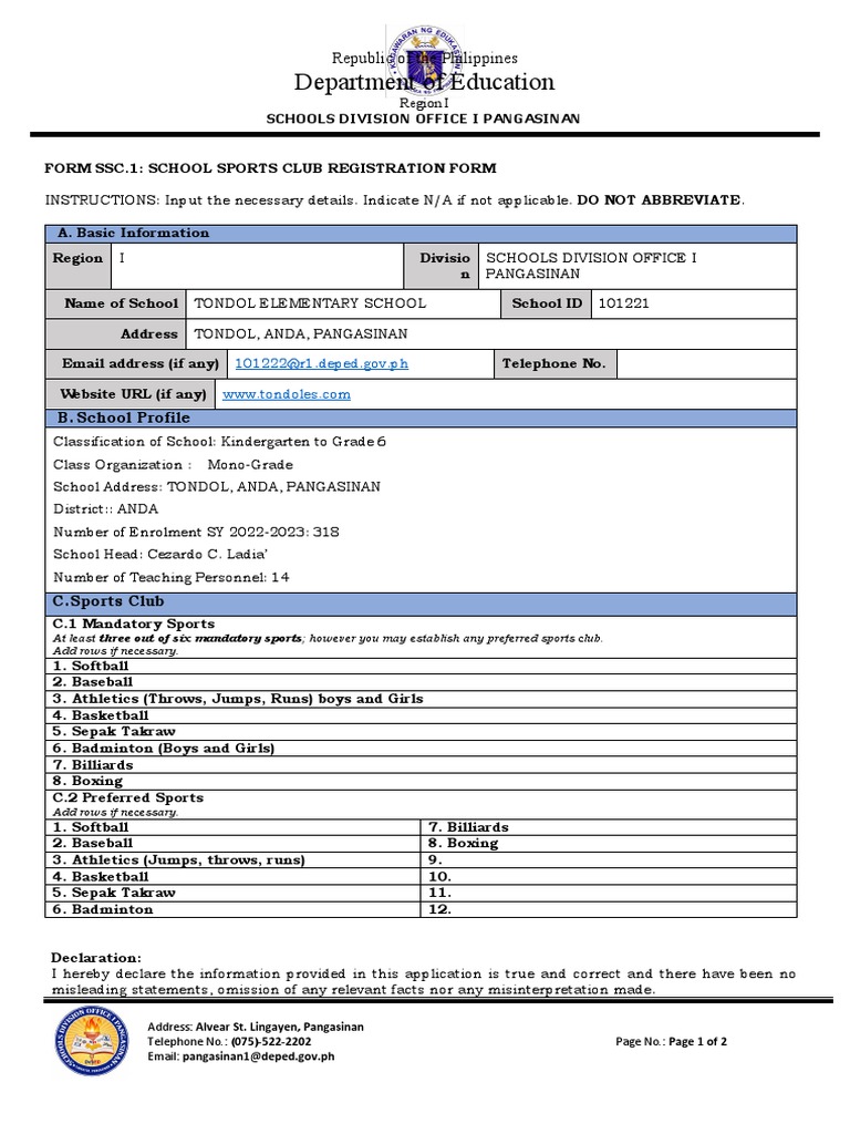 School Sports Club Registration Form | PDF