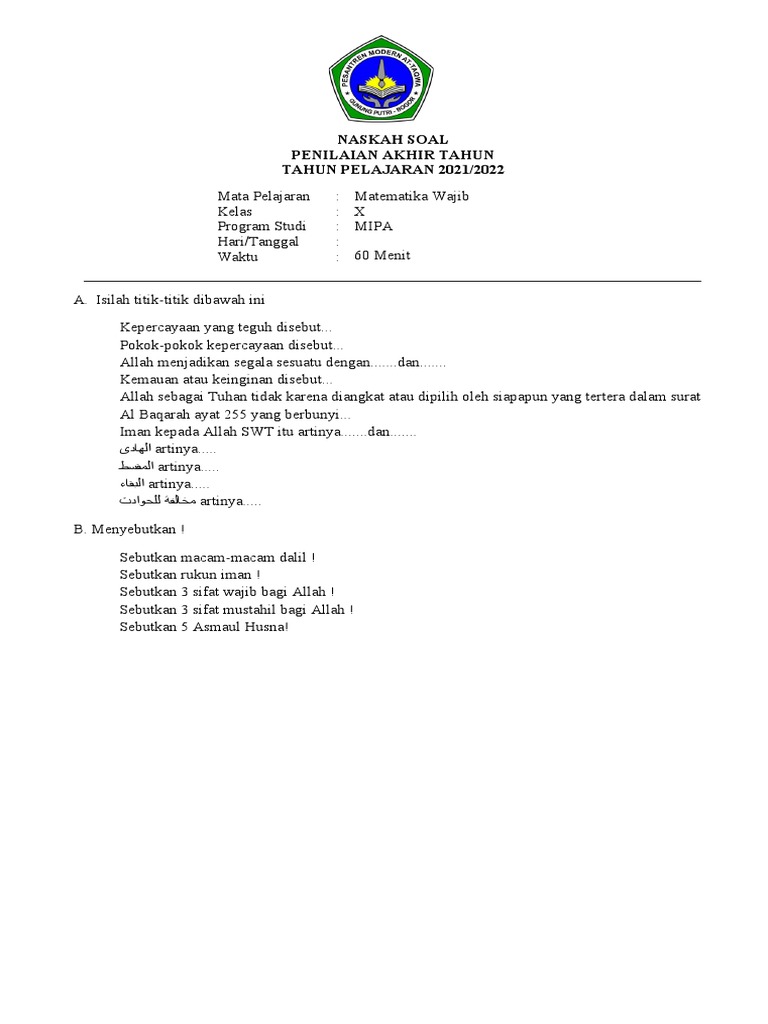 Kop Soal PAT SMA PMA | PDF