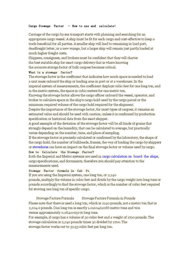 Cargo Stowage Factor - How To Use and Calculate | PDF | Cargo | Ton