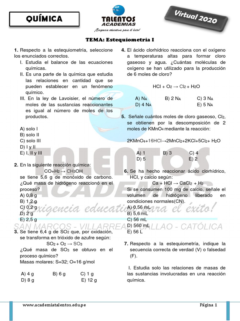 Estequiometria I Practica | PDF | Ácido clorhídrico | Estequiometría