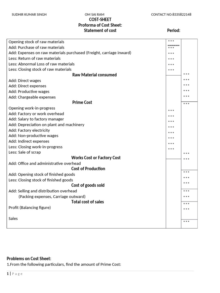 Cost Sheet | PDF | Cost Of Goods Sold | Cost